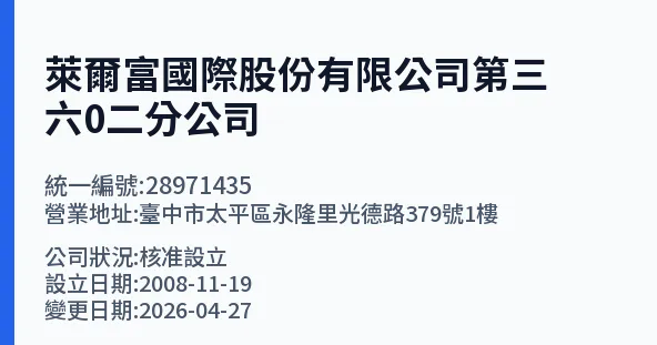 萊爾富國際股份有限公司第三六0二分公司的照片-統編 28971435(臺中市) 公司登記資料與營業項目詳細圖表