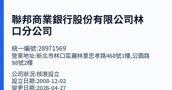 聯邦商業銀行股份有限公司林口分公司的照片-統編 28971569(新北市) 公司登記資料與營業項目詳細圖表