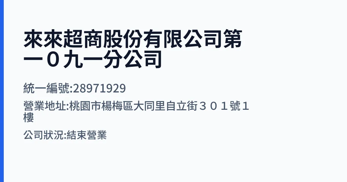 來來超商股份有限公司第一0九一分公司 - 統編 28971929(桃園市) 公司登記資料與營業項目詳細圖表