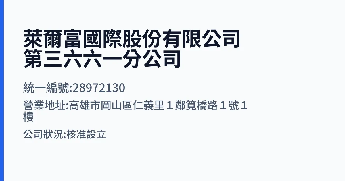 萊爾富國際股份有限公司第三六六一分公司 - 統編 28972130(高雄市) 公司登記資料與營業項目詳細圖表