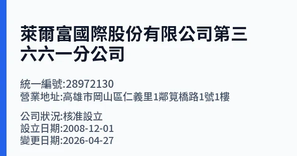 萊爾富國際股份有限公司第三六六一分公司的照片-統編 28972130(高雄市) 公司登記資料與營業項目詳細圖表
