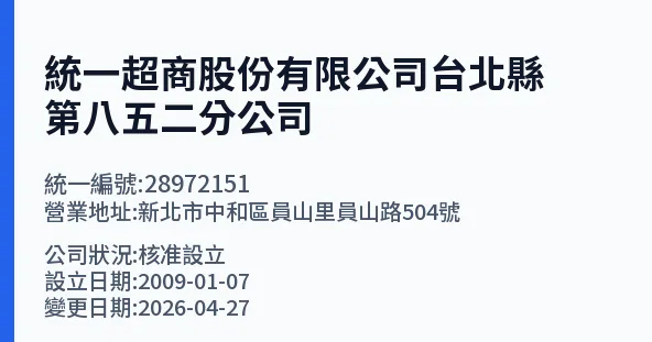 統一超商股份有限公司台北縣第八五二分公司的照片-統編 28972151(新北市) 公司登記資料與營業項目詳細圖表