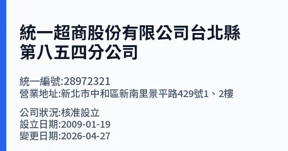 統一超商股份有限公司台北縣第八五四分公司的照片-統編 28972321(新北市) 公司登記資料與營業項目詳細圖表