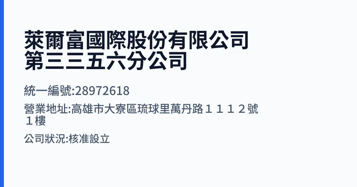 萊爾富國際股份有限公司第三三五六分公司 - 統編 28972618(高雄市) 公司登記資料與營業項目詳細圖表