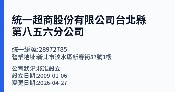 統一超商股份有限公司台北縣第八五六分公司的照片-統編 28972785(新北市) 公司登記資料與營業項目詳細圖表