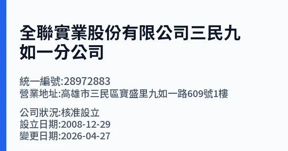 全聯實業股份有限公司三民九如一分公司的照片-統編 28972883(高雄市) 公司登記資料與營業項目詳細圖表