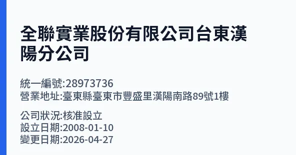 全聯實業股份有限公司台東漢陽分公司的照片-統編 28973736(臺東縣) 公司登記資料與營業項目詳細圖表