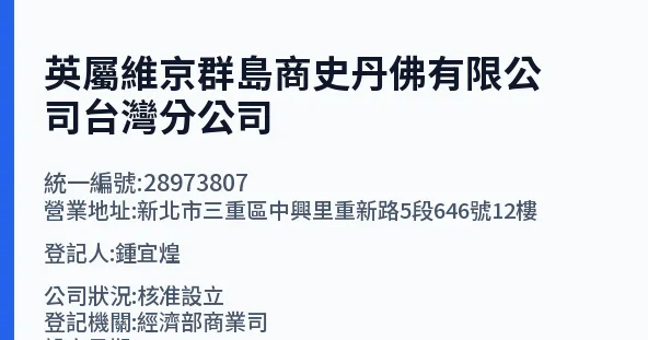 英屬維京群島商史丹佛有限公司台灣分公司的照片-統編 28973807(新北市) 公司登記資料與營業項目詳細圖表