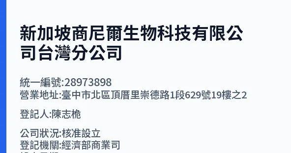 新加坡商尼爾生物科技有限公司台灣分公司的照片-統編 28973898(臺中市) 公司登記資料與營業項目詳細圖表