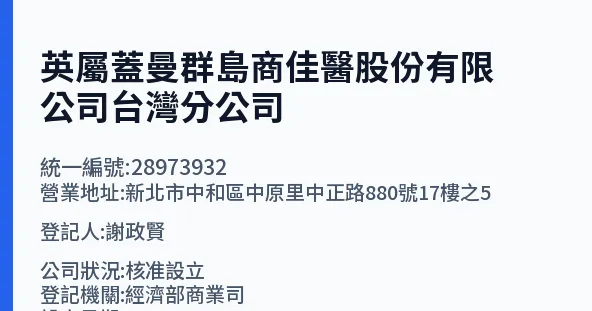 英屬蓋曼群島商佳醫股份有限公司台灣分公司的照片-統編 28973932(新北市) 公司登記資料與營業項目詳細圖表