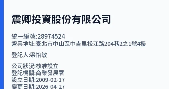 震卿投資股份有限公司的照片-統編 28974524(臺北市) 公司登記資料與營業項目詳細圖表