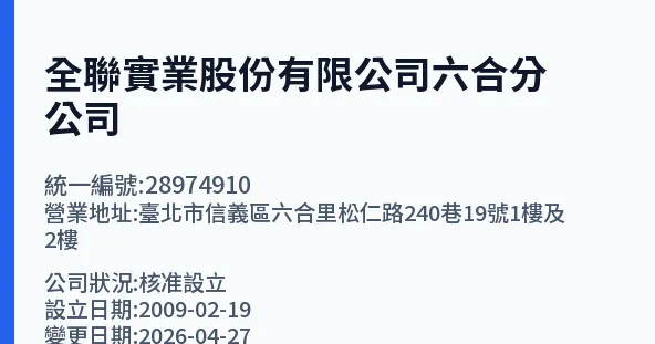 全聯實業股份有限公司六合分公司的照片-統編 28974910(臺北市) 公司登記資料與營業項目詳細圖表