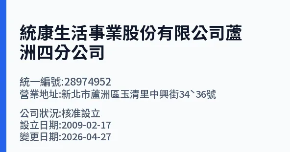統康生活事業股份有限公司蘆洲四分公司的照片-統編 28974952(新北市) 公司登記資料與營業項目詳細圖表
