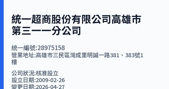 統一超商股份有限公司高雄市第三一一分公司的照片-統編 28975158(高雄市) 公司登記資料與營業項目詳細圖表