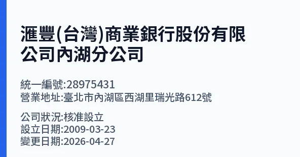 滙豐(台灣)商業銀行股份有限公司內湖分公司的照片-統編 28975431(臺北市) 公司登記資料與營業項目詳細圖表