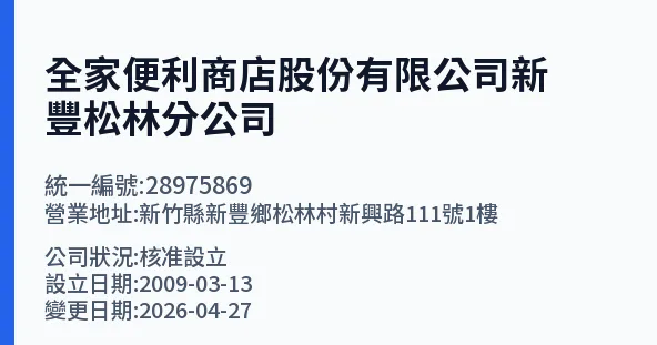 全家便利商店股份有限公司新豐松林分公司的照片-統編 28975869(新竹縣) 公司登記資料與營業項目詳細圖表