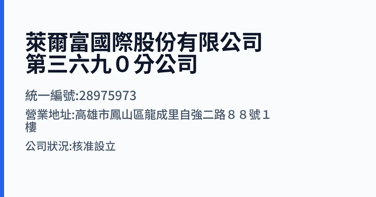 萊爾富國際股份有限公司第三六九０分公司 - 統編 28975973(高雄市) 公司登記資料與營業項目詳細圖表