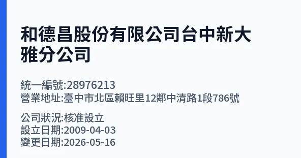 和德昌股份有限公司台中新大雅分公司的照片-統編 28976213(臺中市) 公司登記資料與營業項目詳細圖表
