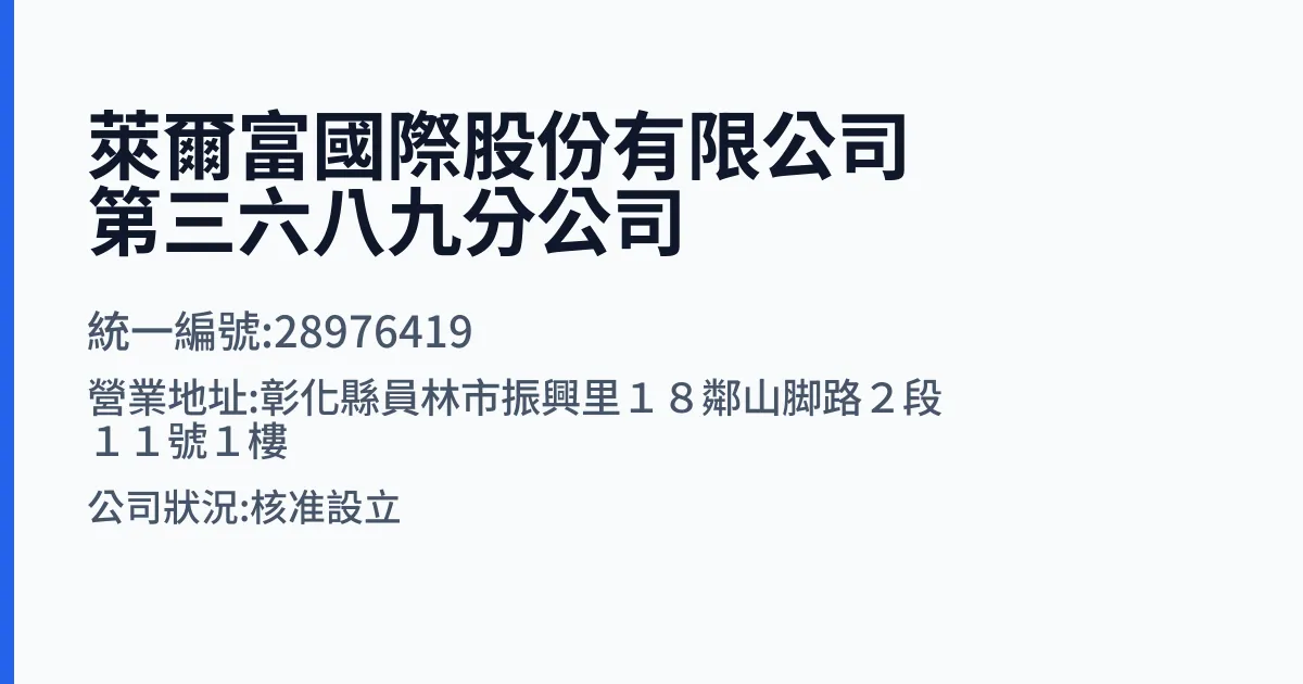 萊爾富國際股份有限公司第三六八九分公司 - 統編 28976419(彰化縣) 公司登記資料與營業項目詳細圖表