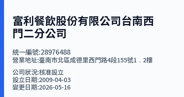富利餐飲股份有限公司台南西門二分公司的照片-統編 28976488(臺南市) 公司登記資料與營業項目詳細圖表
