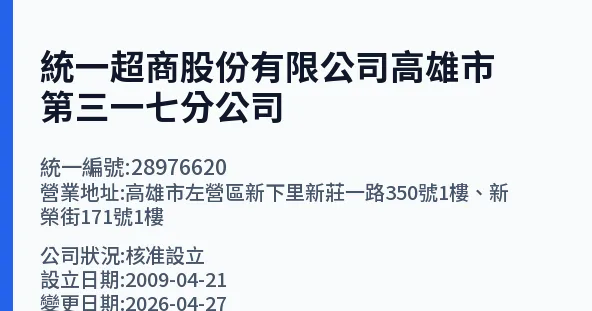 統一超商股份有限公司高雄市第三一七分公司的照片-統編 28976620(高雄市) 公司登記資料與營業項目詳細圖表