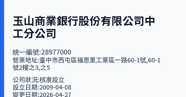 玉山商業銀行股份有限公司中工分公司的照片-統編 28977000(臺中市) 公司登記資料與營業項目詳細圖表