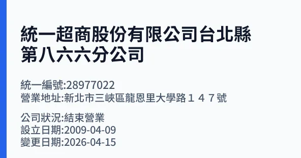 統一超商股份有限公司台北縣第八六六分公司的照片-統編 28977022(新北市) 公司登記資料與營業項目詳細圖表