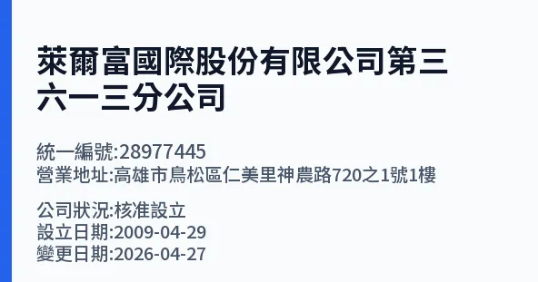 萊爾富國際股份有限公司第三六一三分公司的照片-統編 28977445(高雄市) 公司登記資料與營業項目詳細圖表