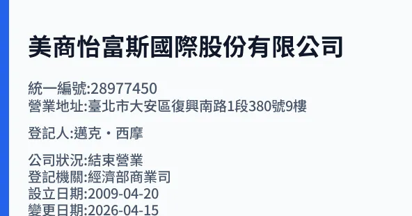 美商怡富斯國際股份有限公司的照片-統編 28977450(臺北市) 公司登記資料與營業項目詳細圖表