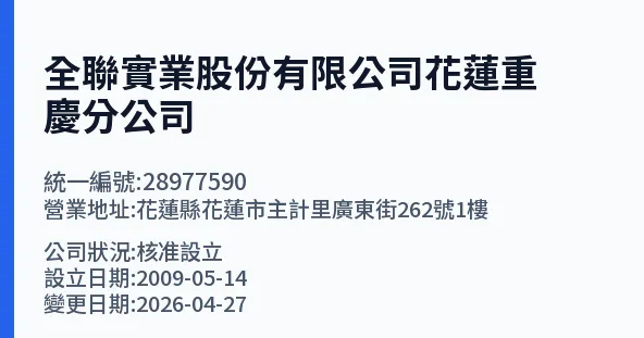 全聯實業股份有限公司花蓮重慶分公司的照片-統編 28977590(花蓮縣) 公司登記資料與營業項目詳細圖表