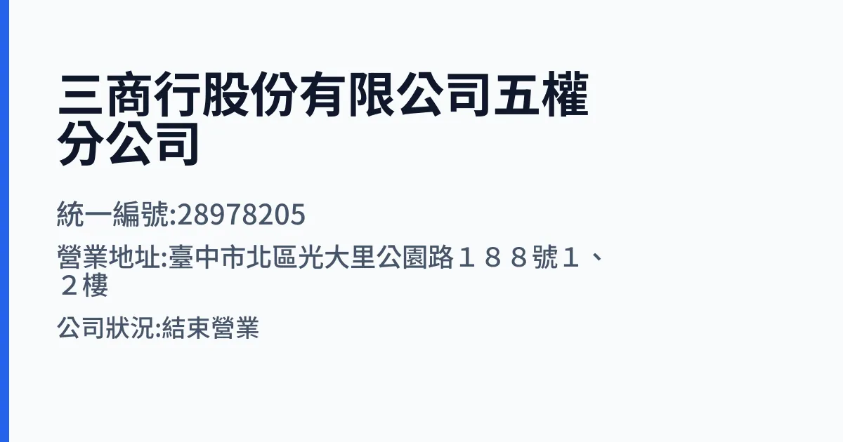 三商行股份有限公司五權分公司 - 統編 28978205(臺中市) 公司登記資料與營業項目詳細圖表
