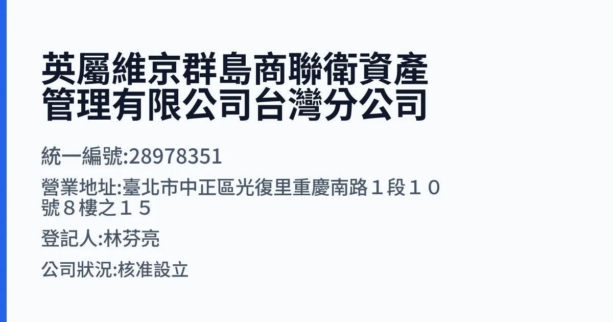 英屬維京群島商聯衛資產管理有限公司台灣分公司 - 統編 28978351(臺北市) 公司登記資料與營業項目詳細圖表