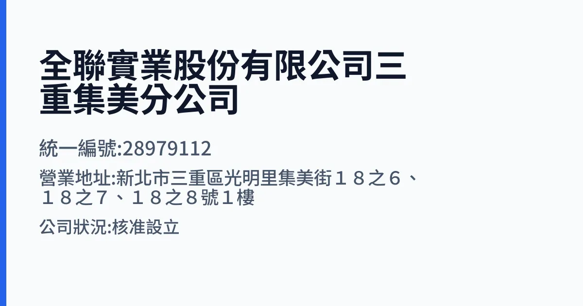 全聯實業股份有限公司三重集美分公司 - 統編 28979112(新北市) 公司登記資料與營業項目詳細圖表