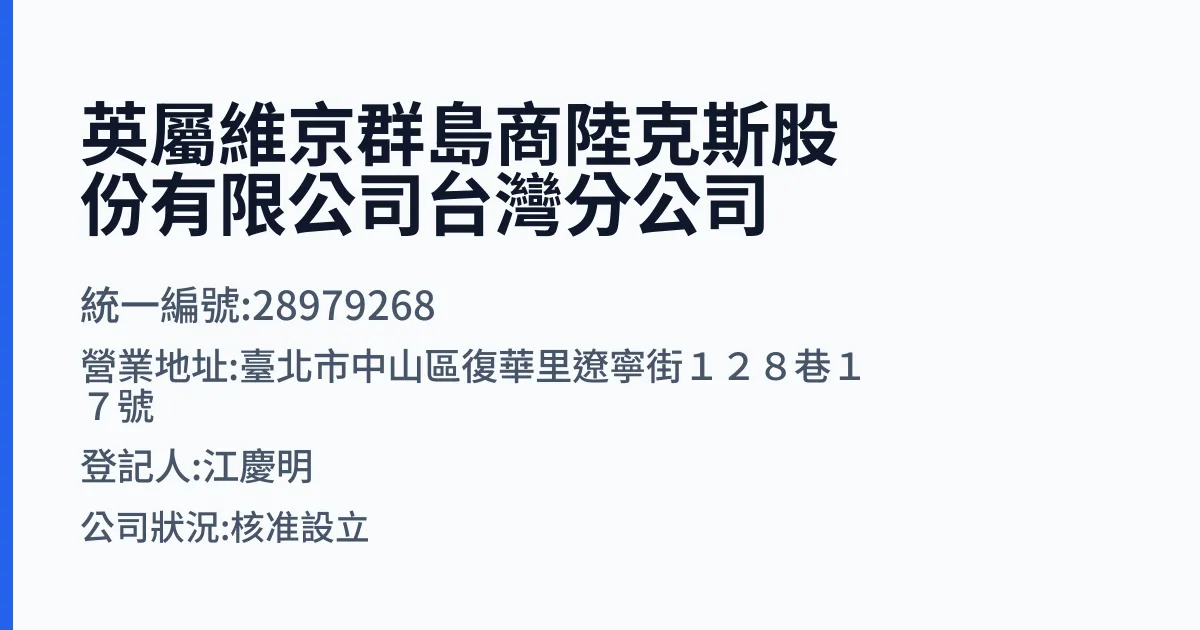 英屬維京群島商陸克斯股份有限公司台灣分公司 - 統編 28979268(臺北市) 公司登記資料與營業項目詳細圖表
