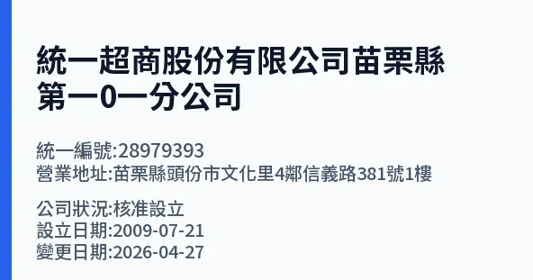 統一超商股份有限公司苗栗縣第一0一分公司的照片-統編 28979393(苗栗縣) 公司登記資料與營業項目詳細圖表