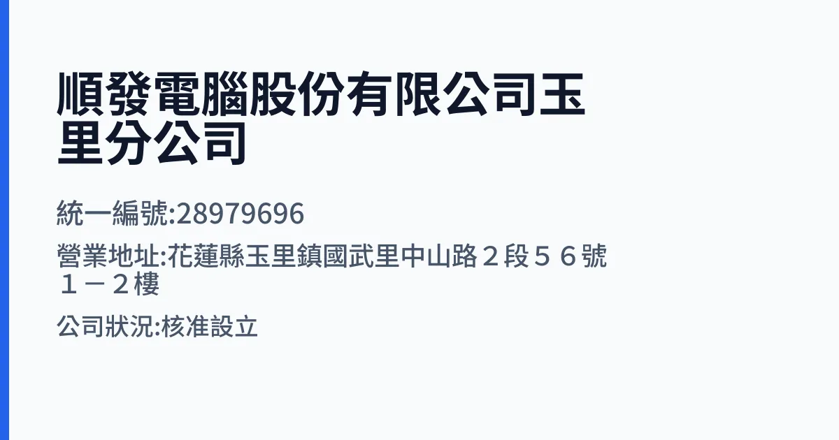 順發電腦股份有限公司玉里分公司 - 統編 28979696（花蓮縣） 公司登記資料與營業項目詳細圖表