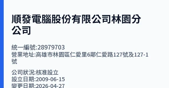 順發電腦股份有限公司林園分公司的照片-統編 28979703(高雄市) 公司登記資料與營業項目詳細圖表