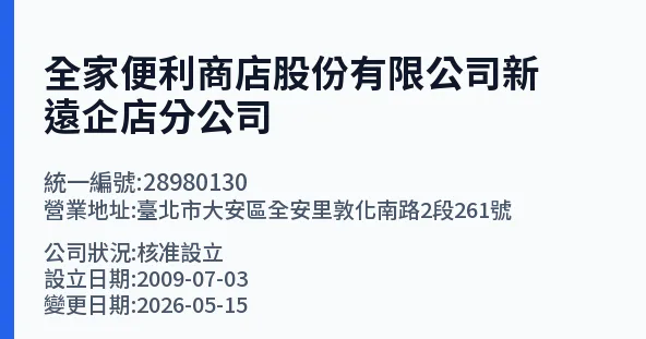全家便利商店股份有限公司新遠企店分公司的照片-統編 28980130(臺北市) 公司登記資料與營業項目詳細圖表