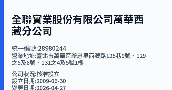 全聯實業股份有限公司萬華西藏分公司的照片-統編 28980244(臺北市) 公司登記資料與營業項目詳細圖表