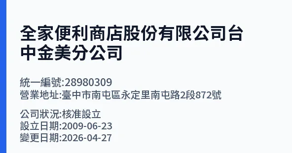全家便利商店股份有限公司台中金美分公司的照片-統編 28980309(臺中市) 公司登記資料與營業項目詳細圖表