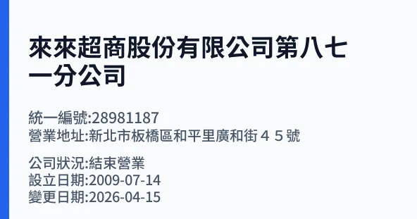 來來超商股份有限公司第八七一分公司的照片-統編 28981187(新北市) 公司登記資料與營業項目詳細圖表