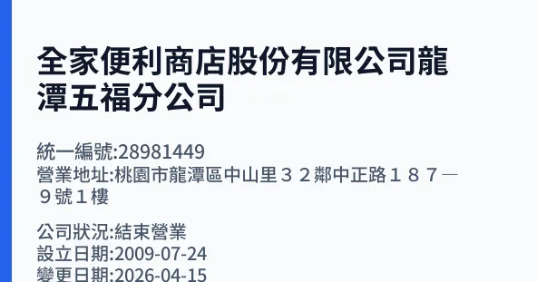 全家便利商店股份有限公司龍潭五福分公司的照片-統編 28981449(桃園市) 公司登記資料與營業項目詳細圖表