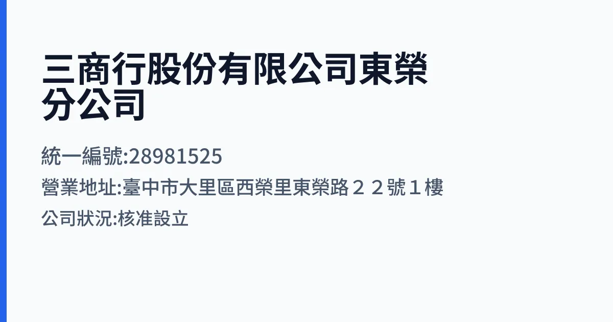 三商行股份有限公司東榮分公司 - 統編 28981525(臺中市) 公司登記資料與營業項目詳細圖表