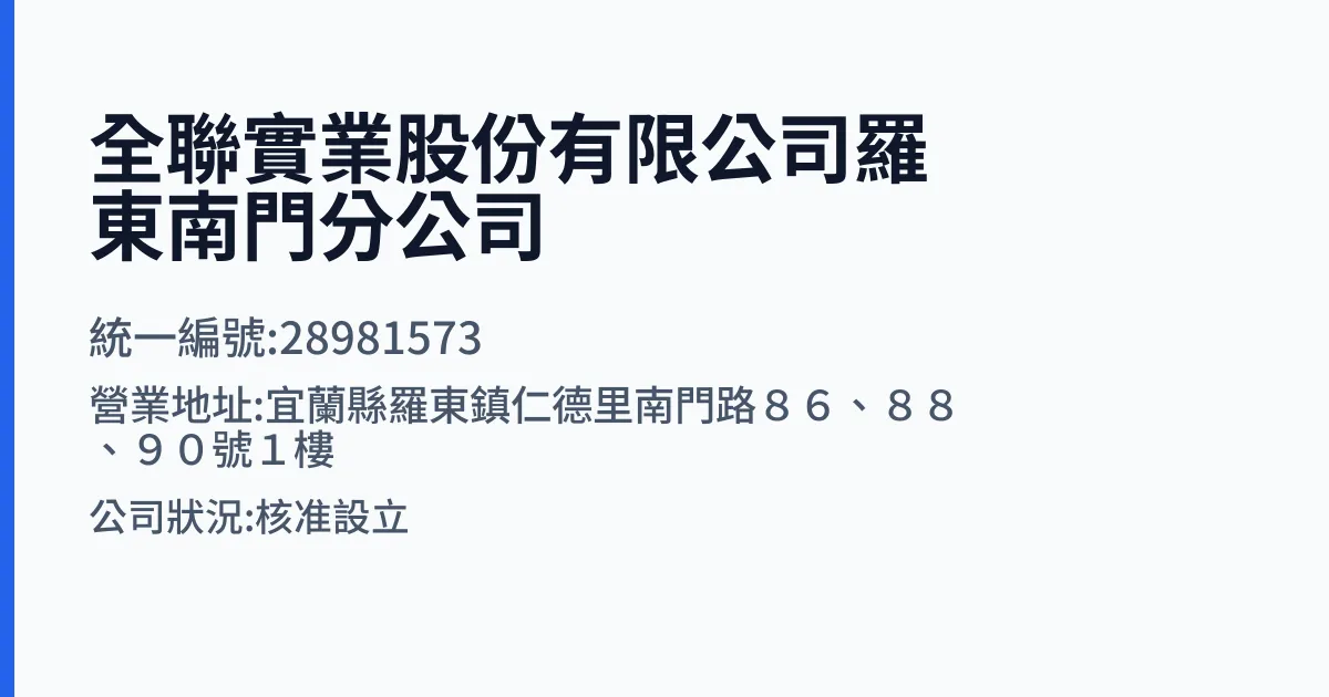 全聯實業股份有限公司羅東南門分公司 - 統編 28981573(宜蘭縣) 公司登記資料與營業項目詳細圖表