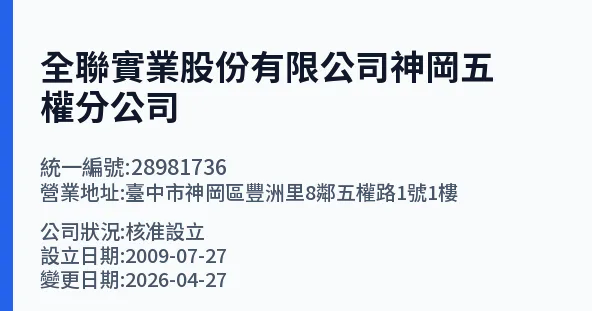 全聯實業股份有限公司神岡五權分公司的照片-統編 28981736(臺中市) 公司登記資料與營業項目詳細圖表