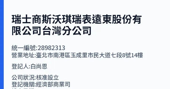 瑞士商斯沃琪瑞表遠東股份有限公司台灣分公司的照片-統編 28982313(臺北市) 公司登記資料與營業項目詳細圖表