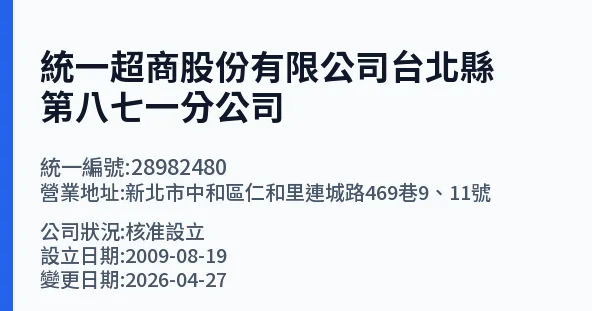統一超商股份有限公司台北縣第八七一分公司的照片-統編 28982480(新北市) 公司登記資料與營業項目詳細圖表