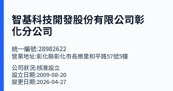智基科技開發股份有限公司彰化分公司的照片-統編 28982622(彰化縣) 公司登記資料與營業項目詳細圖表