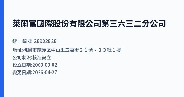 萊爾富國際股份有限公司第三六三二分公司的照片-統編 28982828(桃園市) 公司登記資料與營業項目詳細圖表