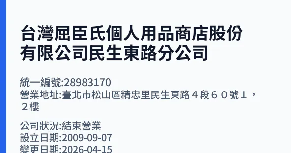 台灣屈臣氏個人用品商店股份有限公司民生東路分公司的照片-統編 28983170(臺北市) 公司登記資料與營業項目詳細圖表